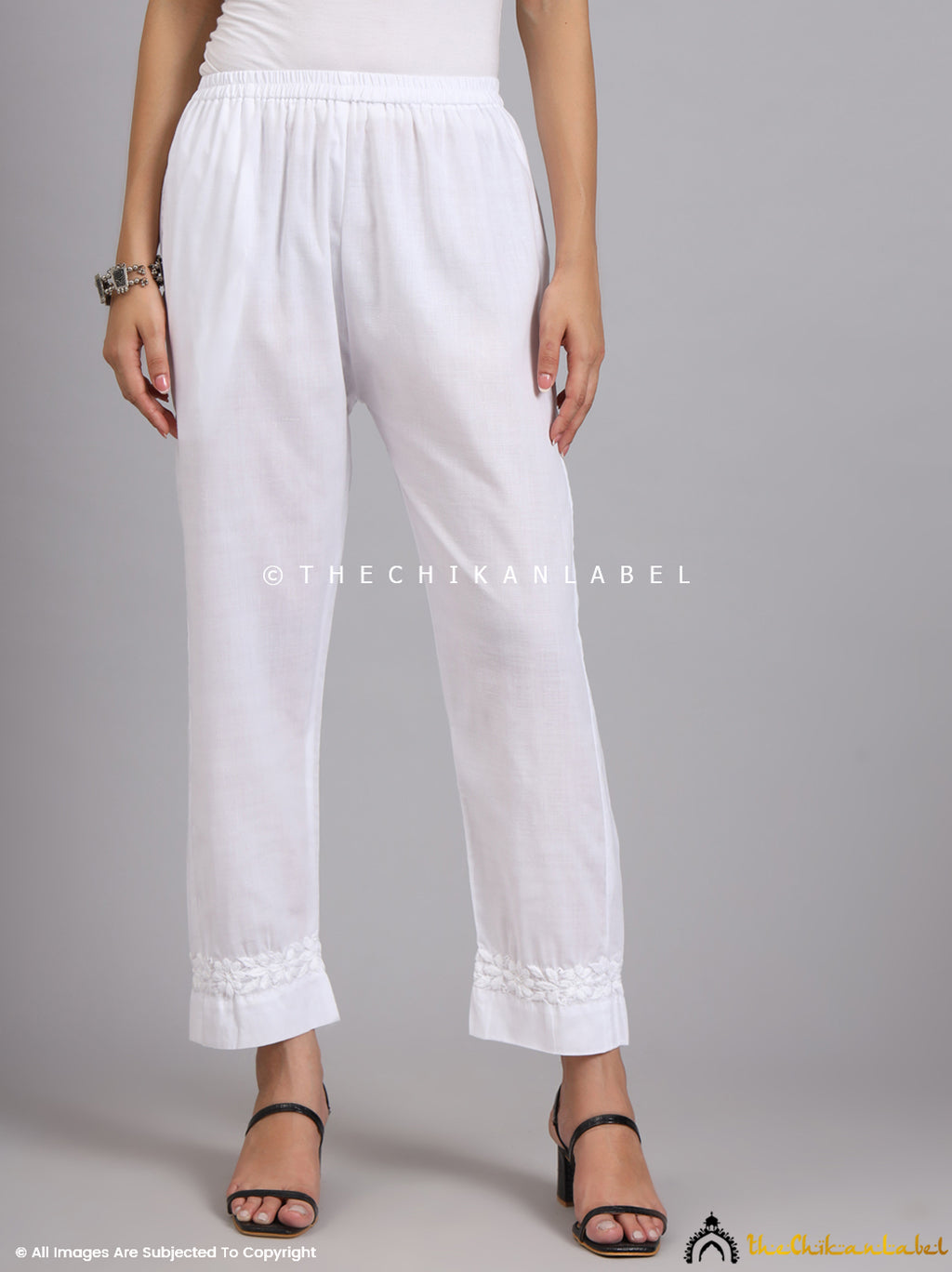 White Nira Cotton Chikankari Straight Pant