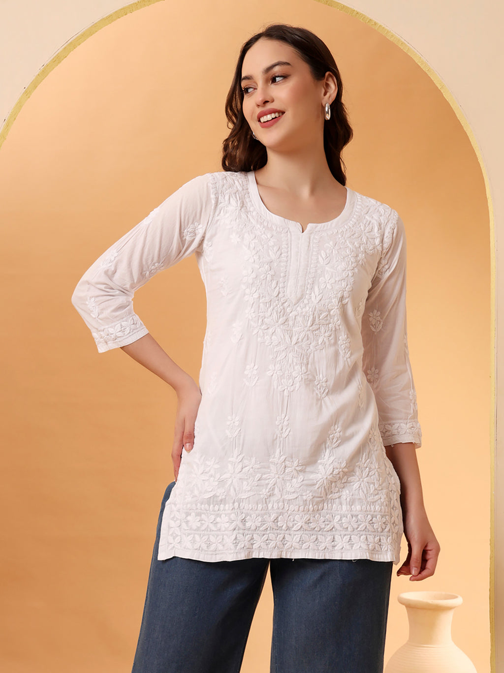 White Eera Cotton Chikankari Short Kurti