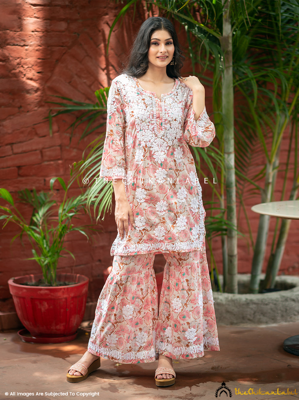 Tarz Mulmul Cotton Chikankari Kurta Garara Set - Peach
