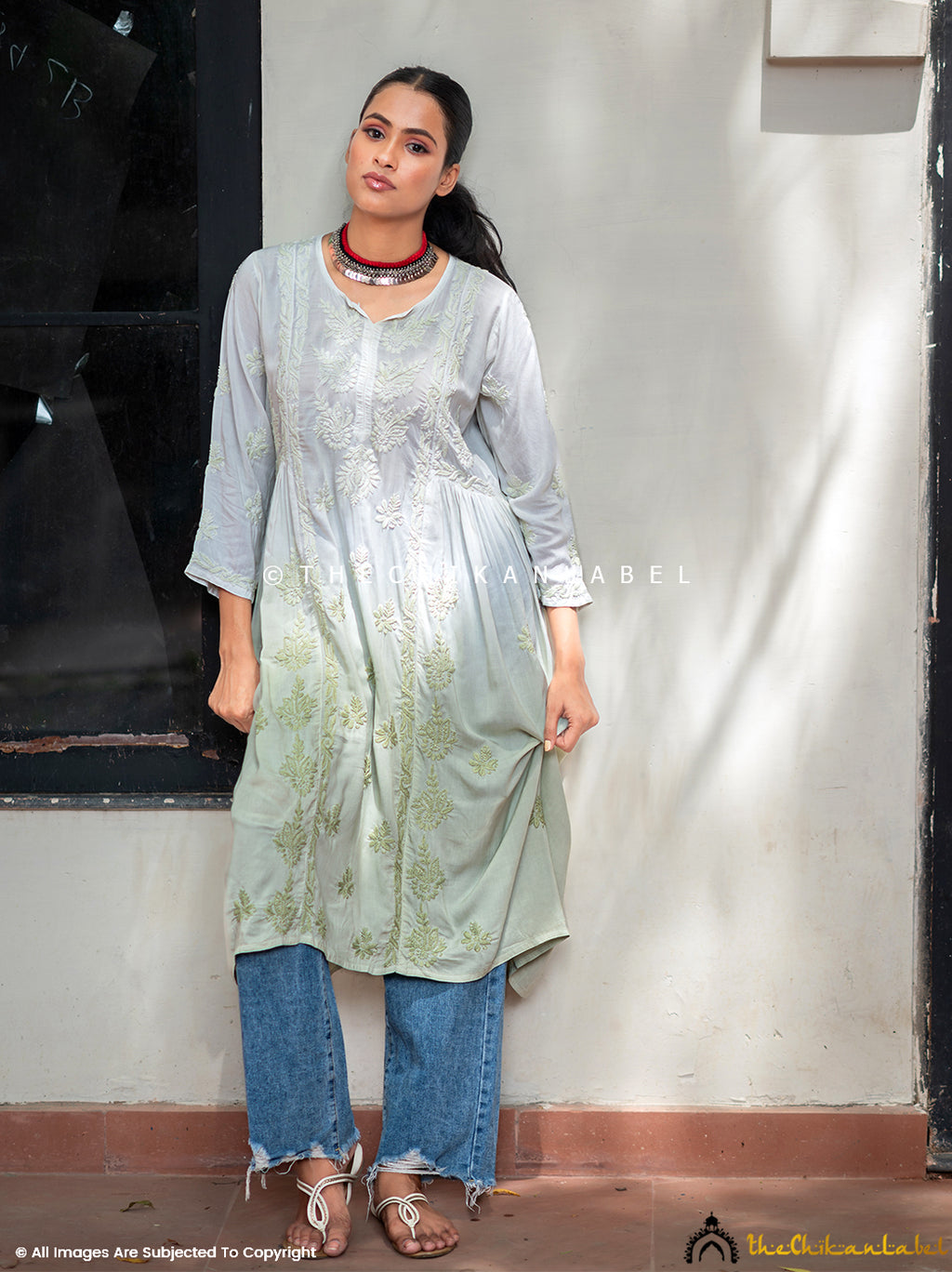 Mehndi Anisa Modal Chikankari A-Line Kurti – The Chikan Label