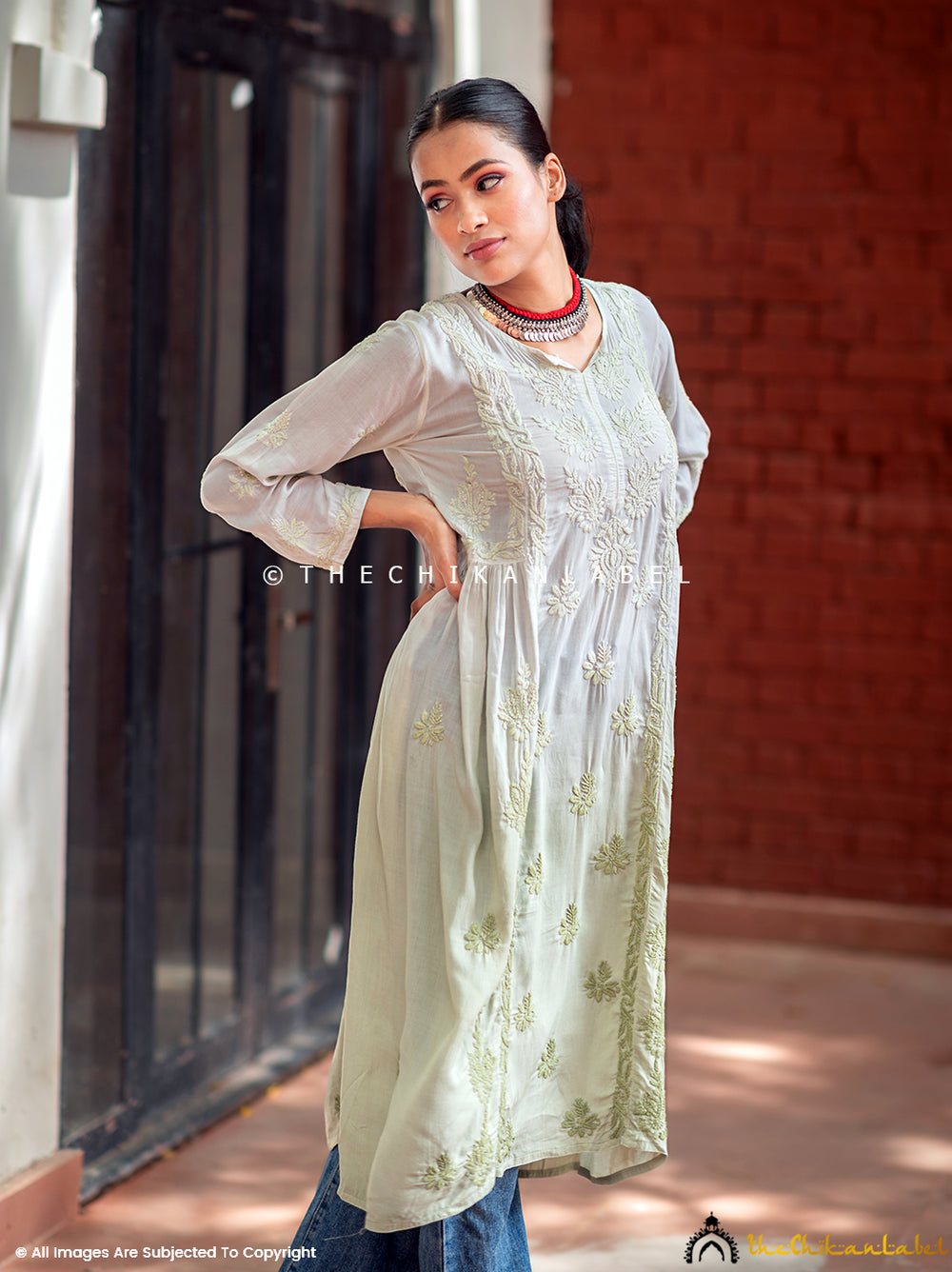 Mehndi Anisa Modal Chikankari A-Line Kurti - Thechikanlabel ...
