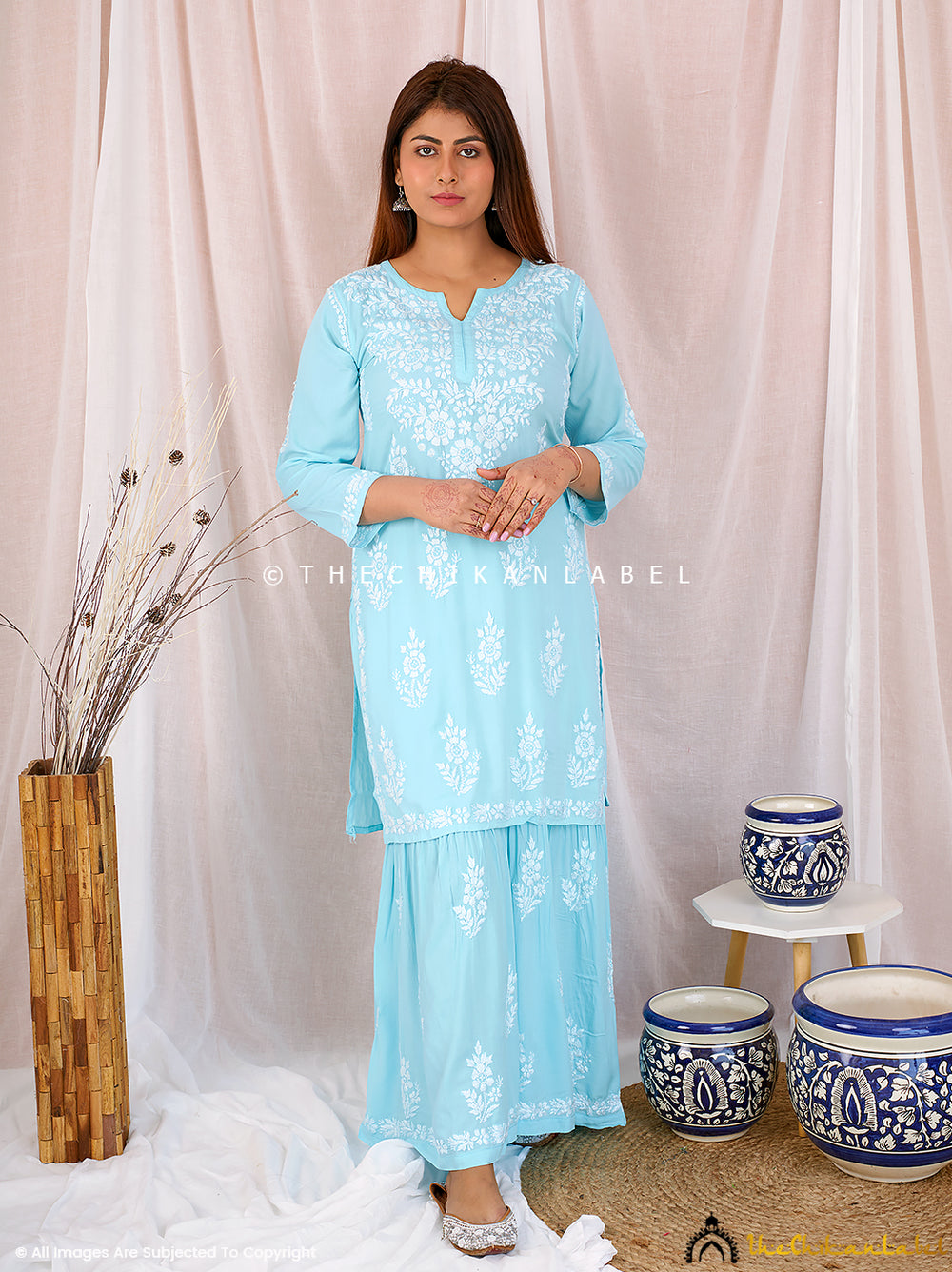 Sky Blue Sun Modal Chikankari Kurta Garara Set