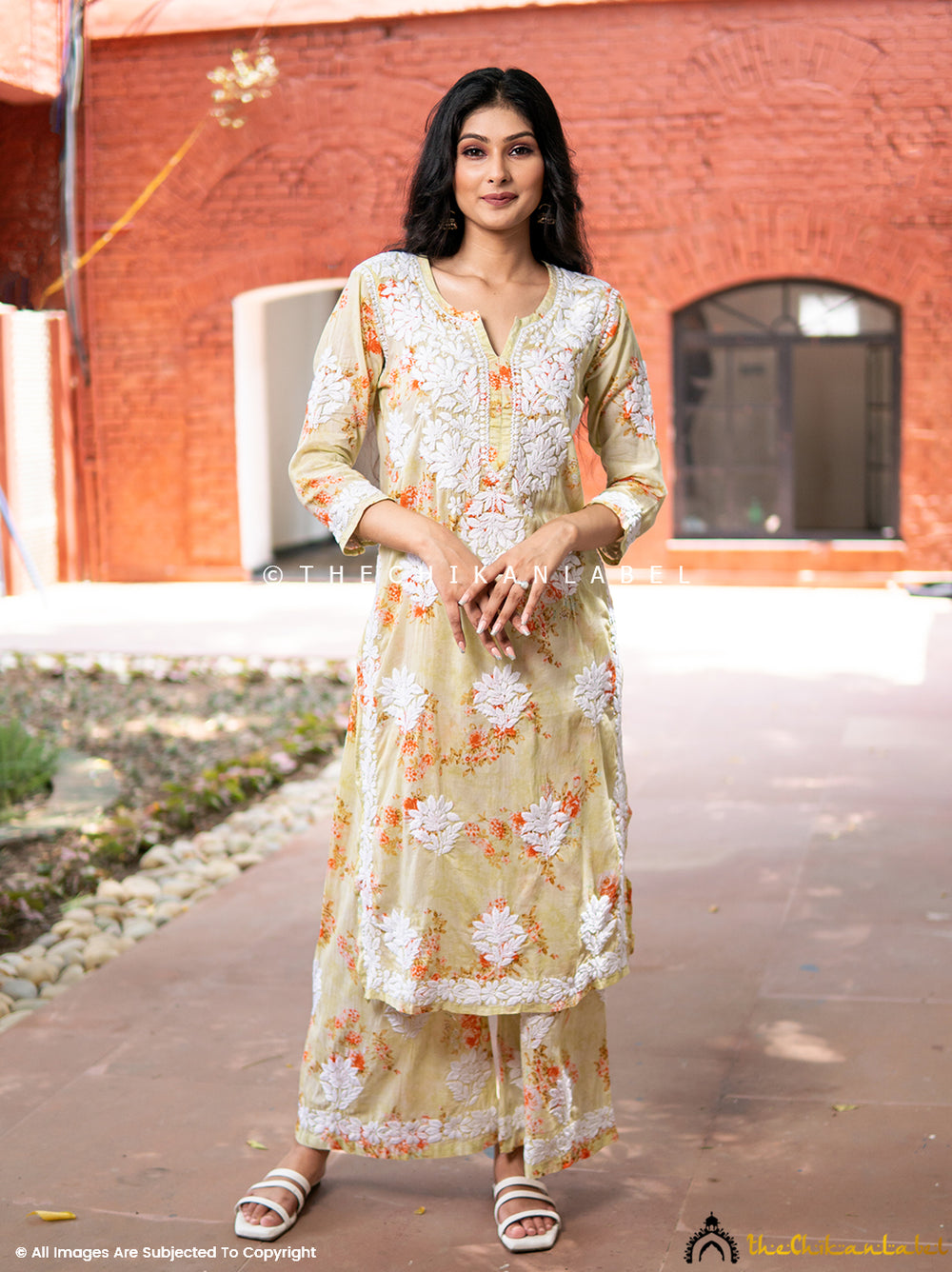 Darmiyan Mulmul Cotton Kurti Palazzo Set-Green|The Chikan Label