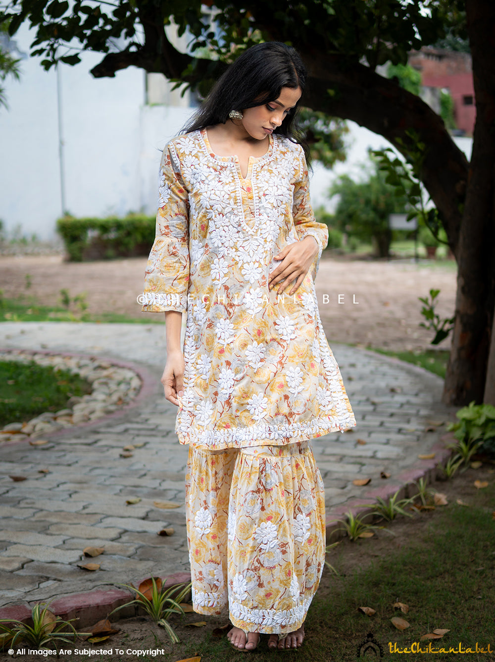 Chikankari Kurta Garara Set Mulmul Cotton - Yellow | The Chikan Label