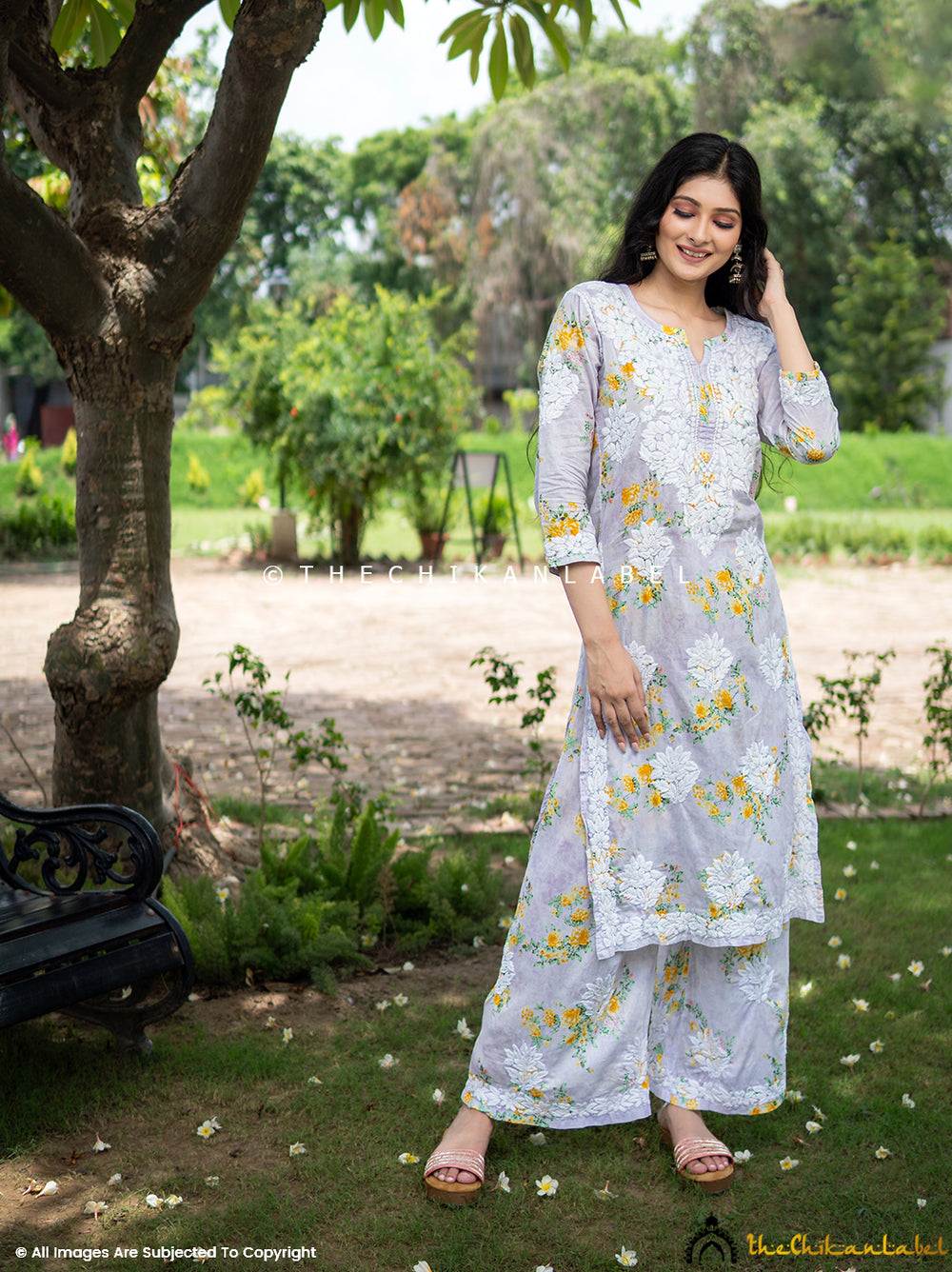 Darmiyan Mulmul Cotton Kurti Palazzo Set-Lavender|The Chikan Label