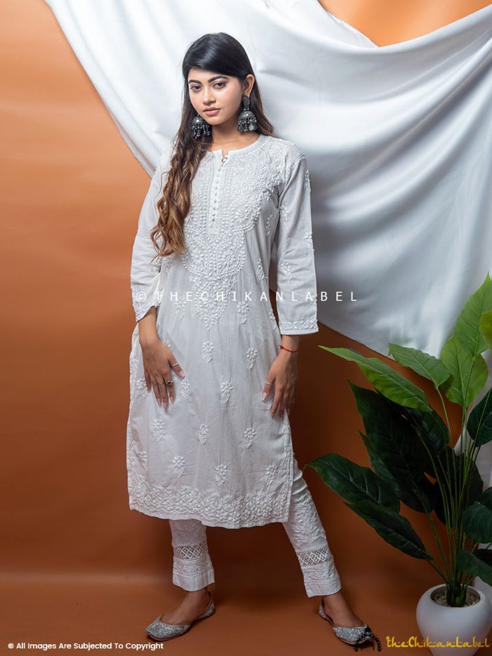 White Barkha Cotton Chikankari Straight Kurti