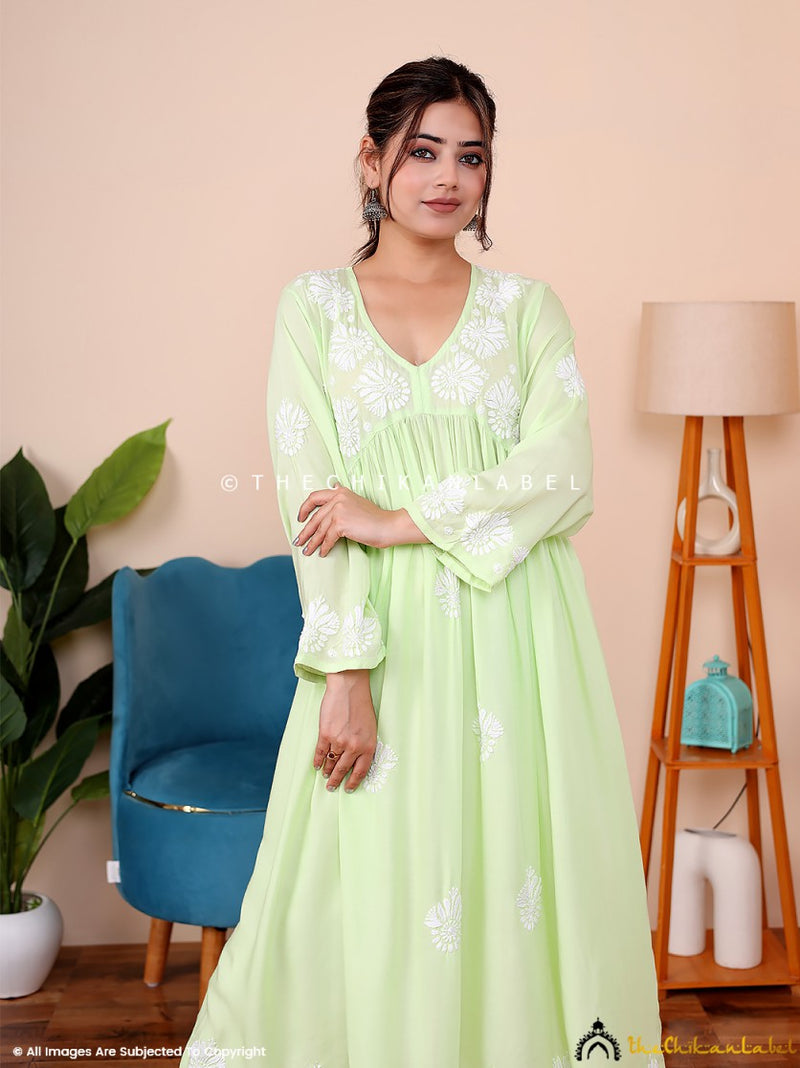 Aina Green Modal Chikankari Alia Cut A-Line Kurti| The Chikan Label
