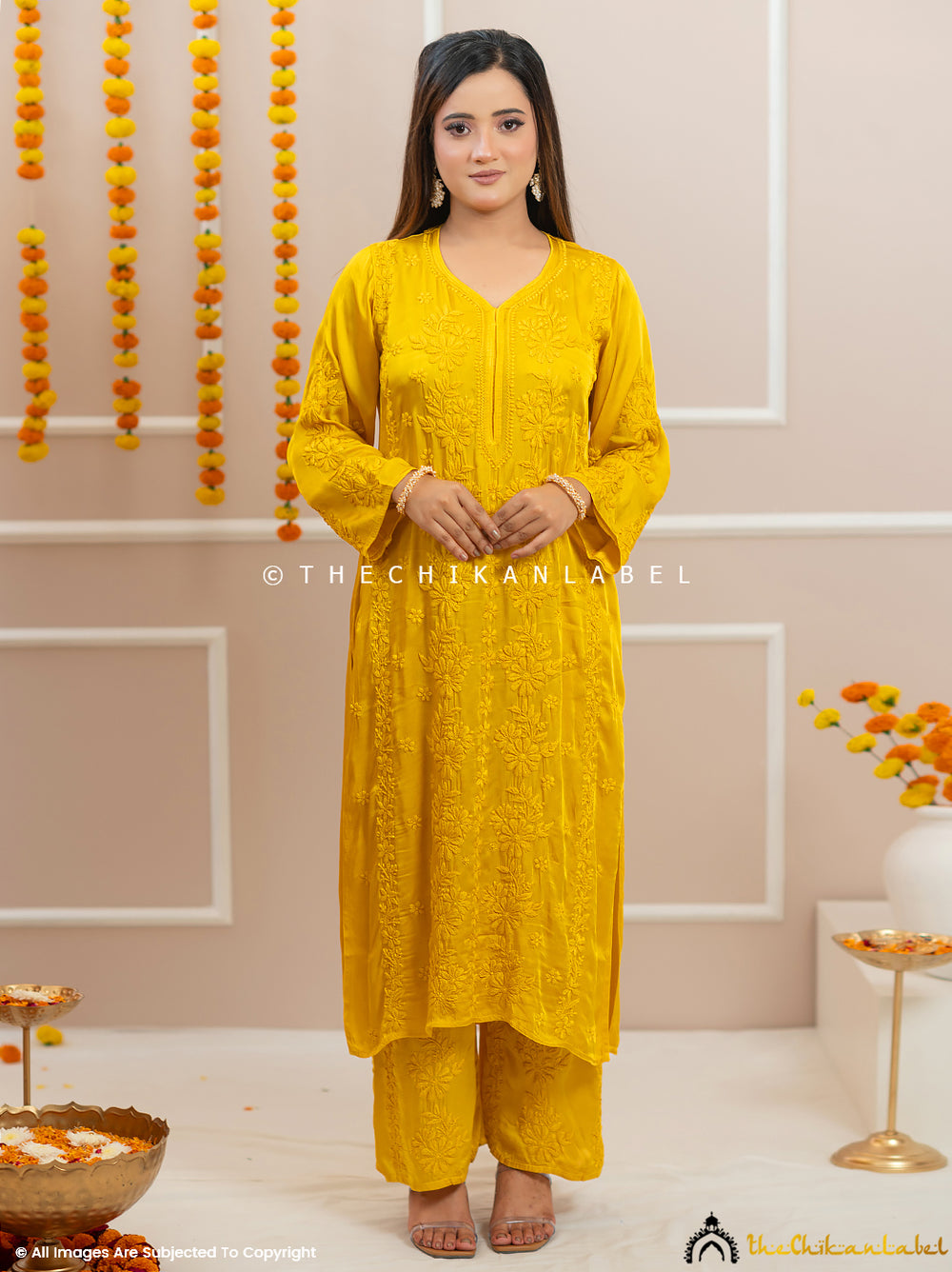 Noor-E-Bahar Yellow Satin Modal Chikankari Kurta Set