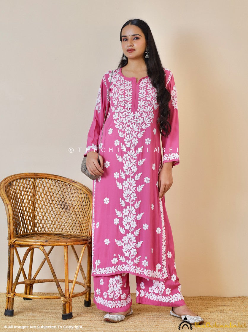 Kashish Onion Pink Chikankari Kurti Palazzo Set | The Chikan Label