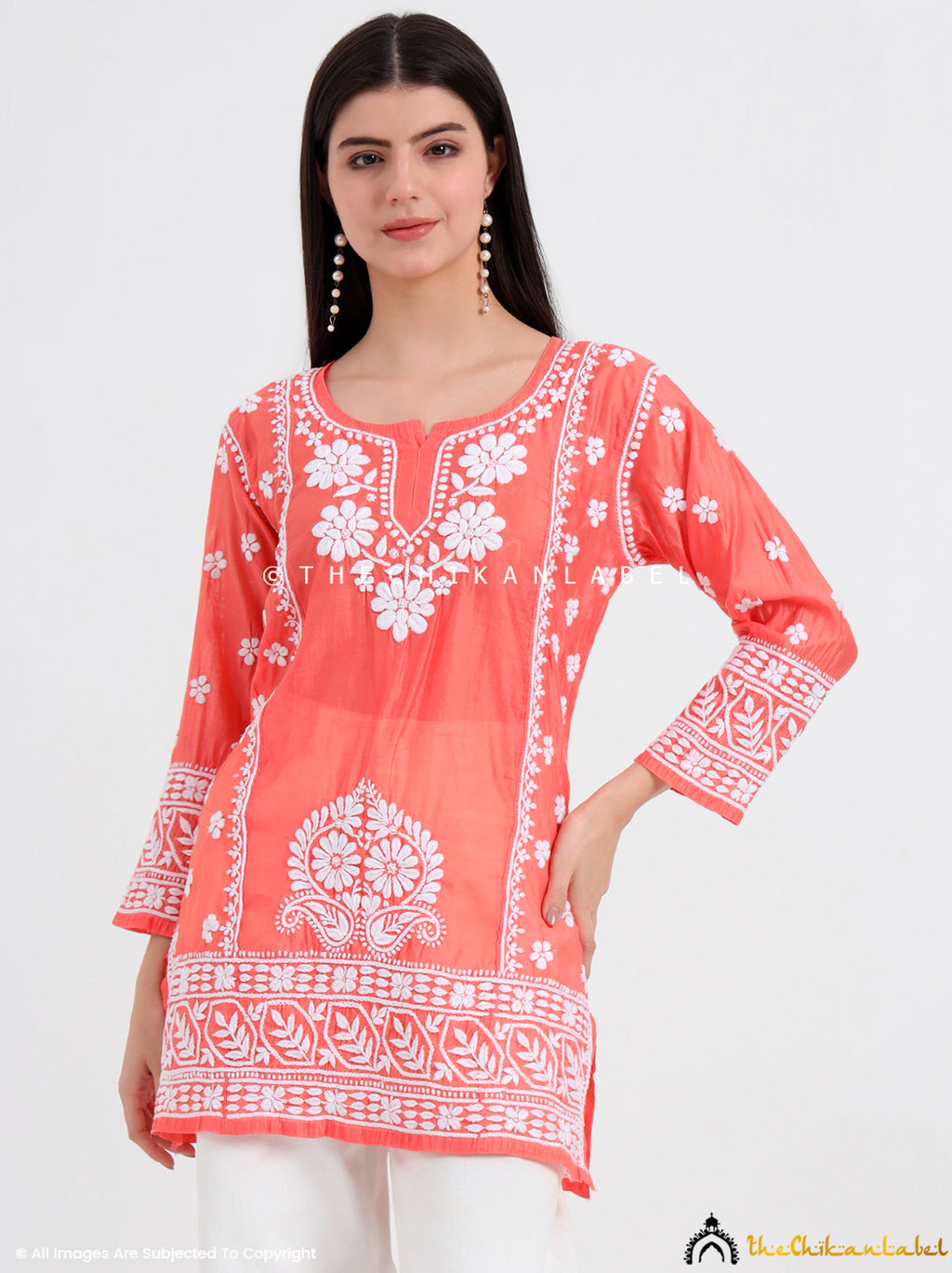 Idra Chanderi Chikankari Short Top - Orange