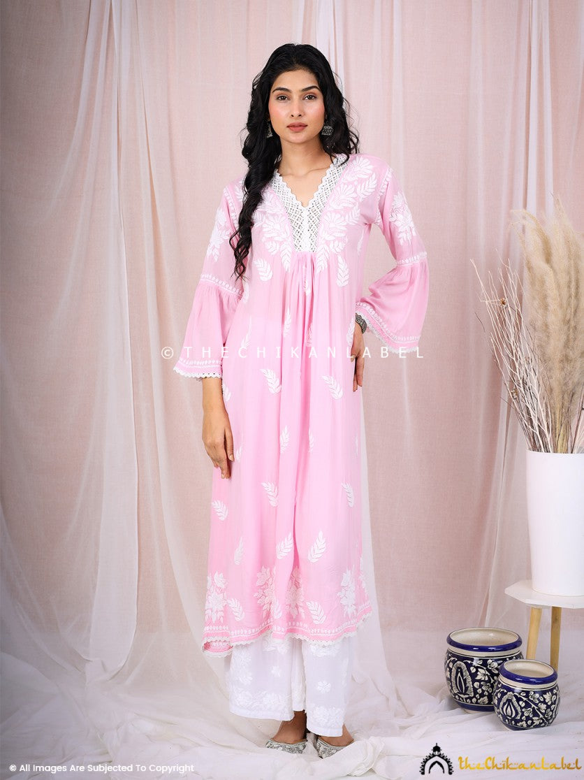 Ruhina Modal Chikankari A-Line Kurti – Pink | The Chikan Label