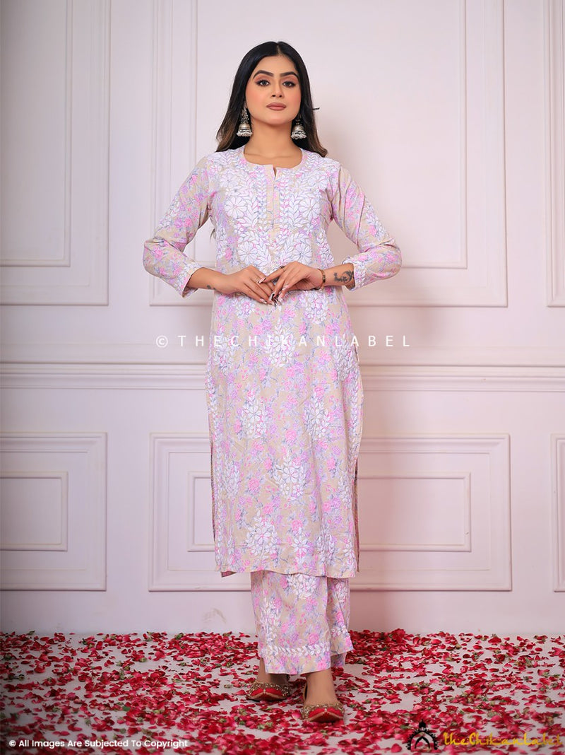 Meher Mulmul Cotton Chikankari Kurta Set-Pink |The Chikan Label