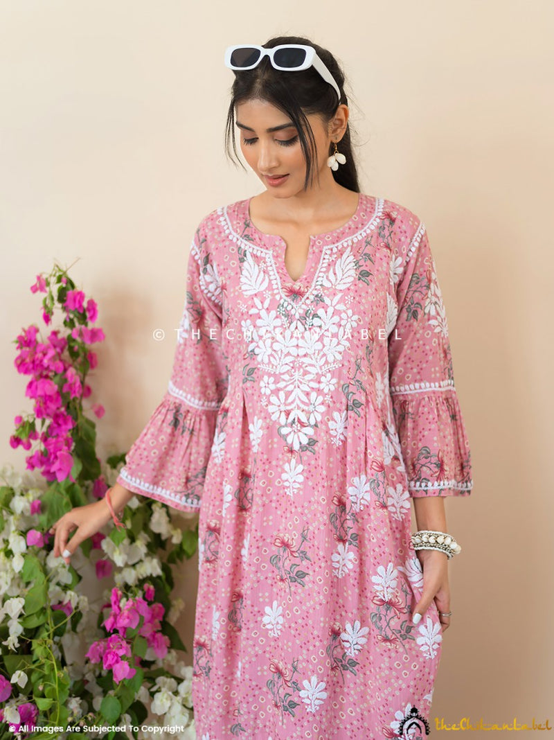 Zoha Mulmul Cotton Chikankari A-Line Kurti - Pink | The Chikan Label