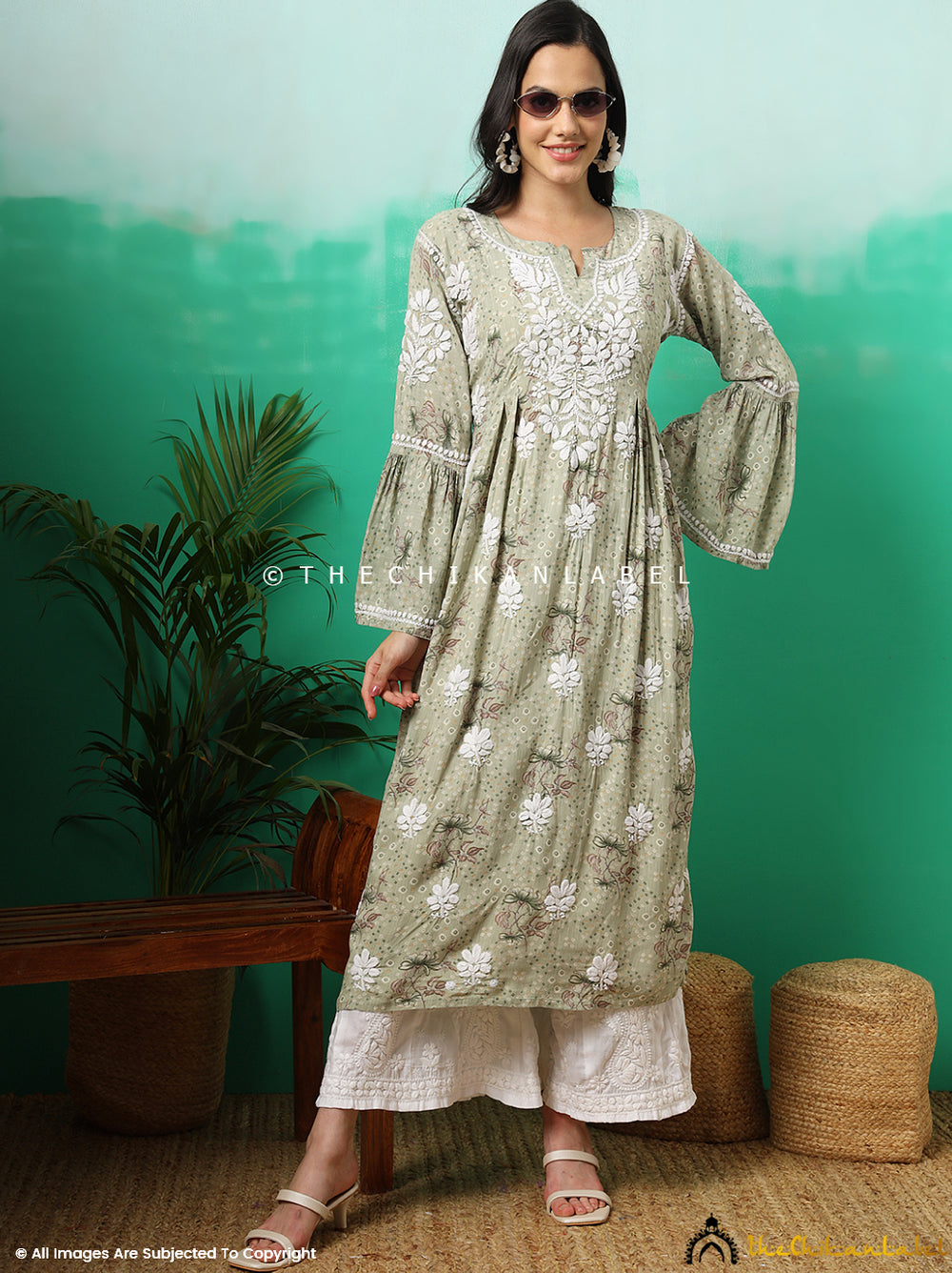 Zoha Mulmul Cotton Chikankari A-Line Kurti - Pista Green