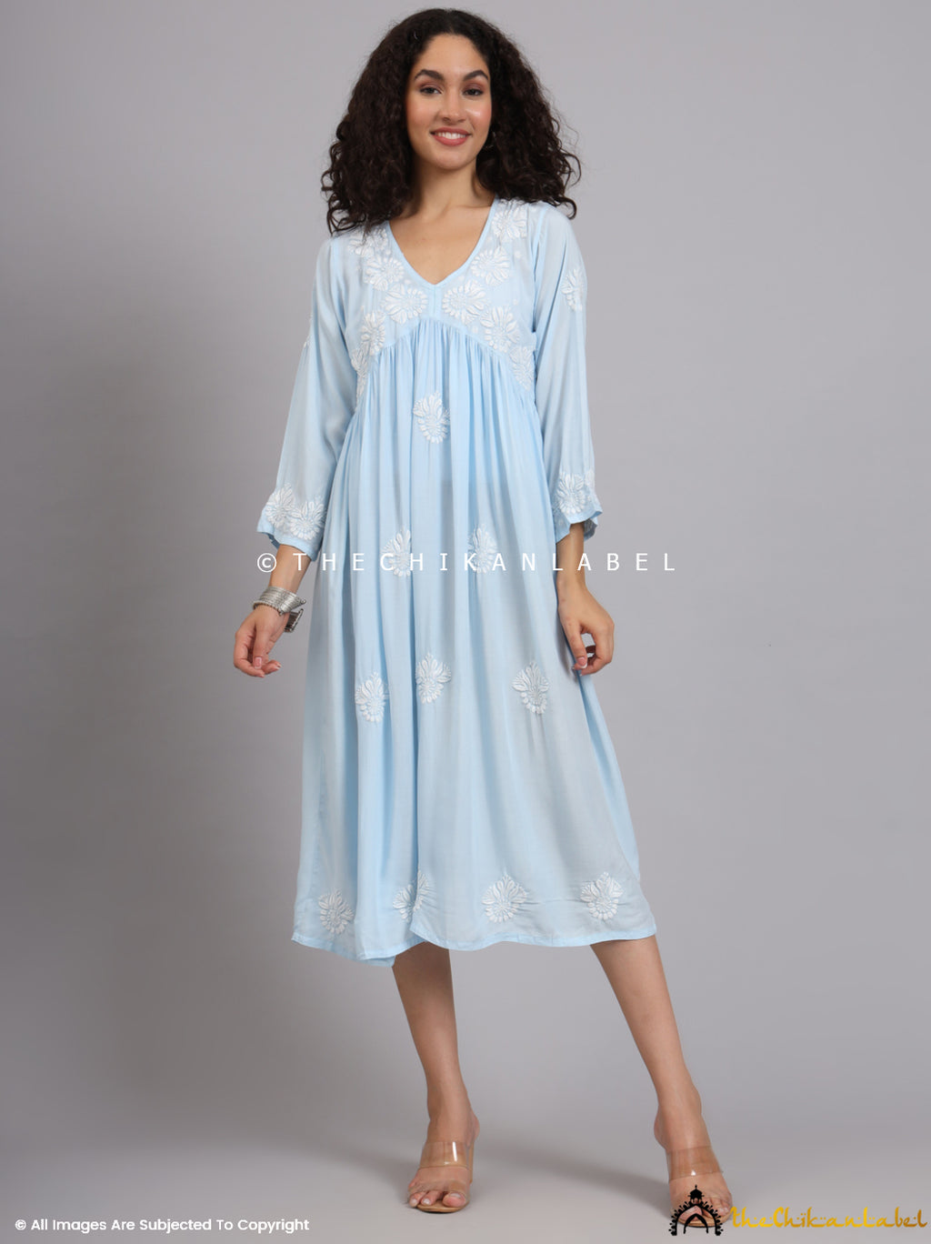 Aina Powder Blue Modal Alia Cut Chikankari Kurti | The Chikan Label
