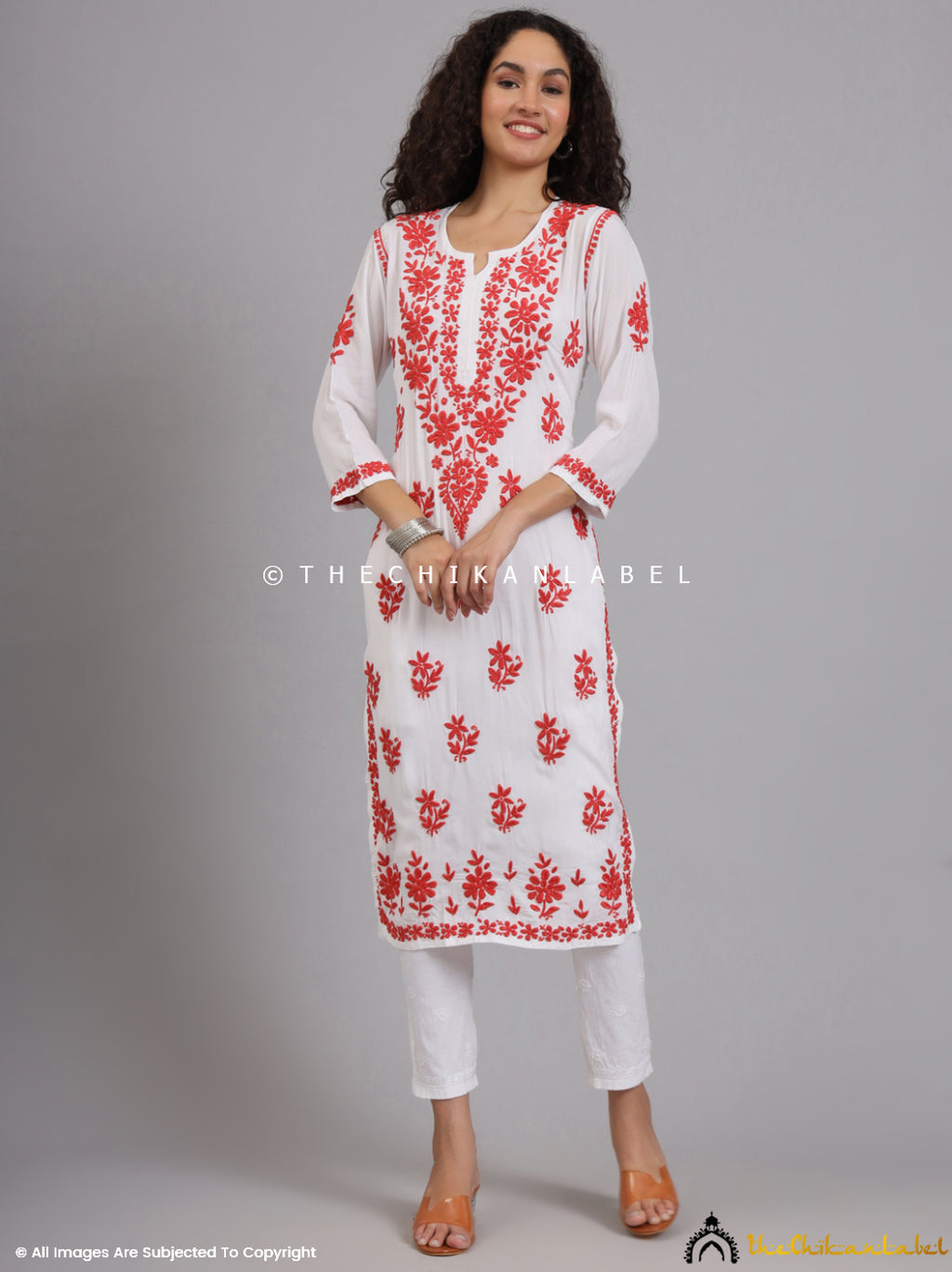 Red Jugni Modal Chikankari Straight Kurti | The Chikan Label