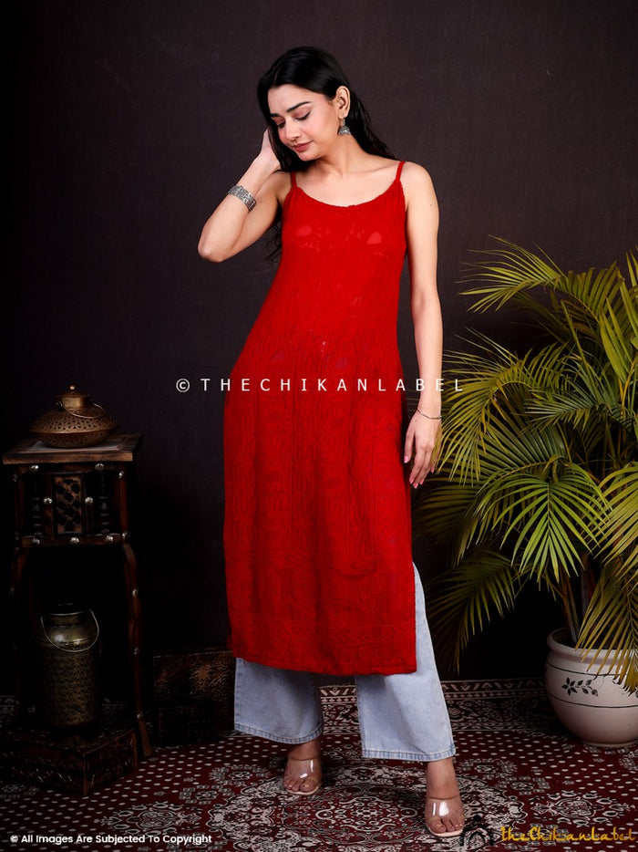 Red Ryka Viscose Chikankari Strappy Kurta