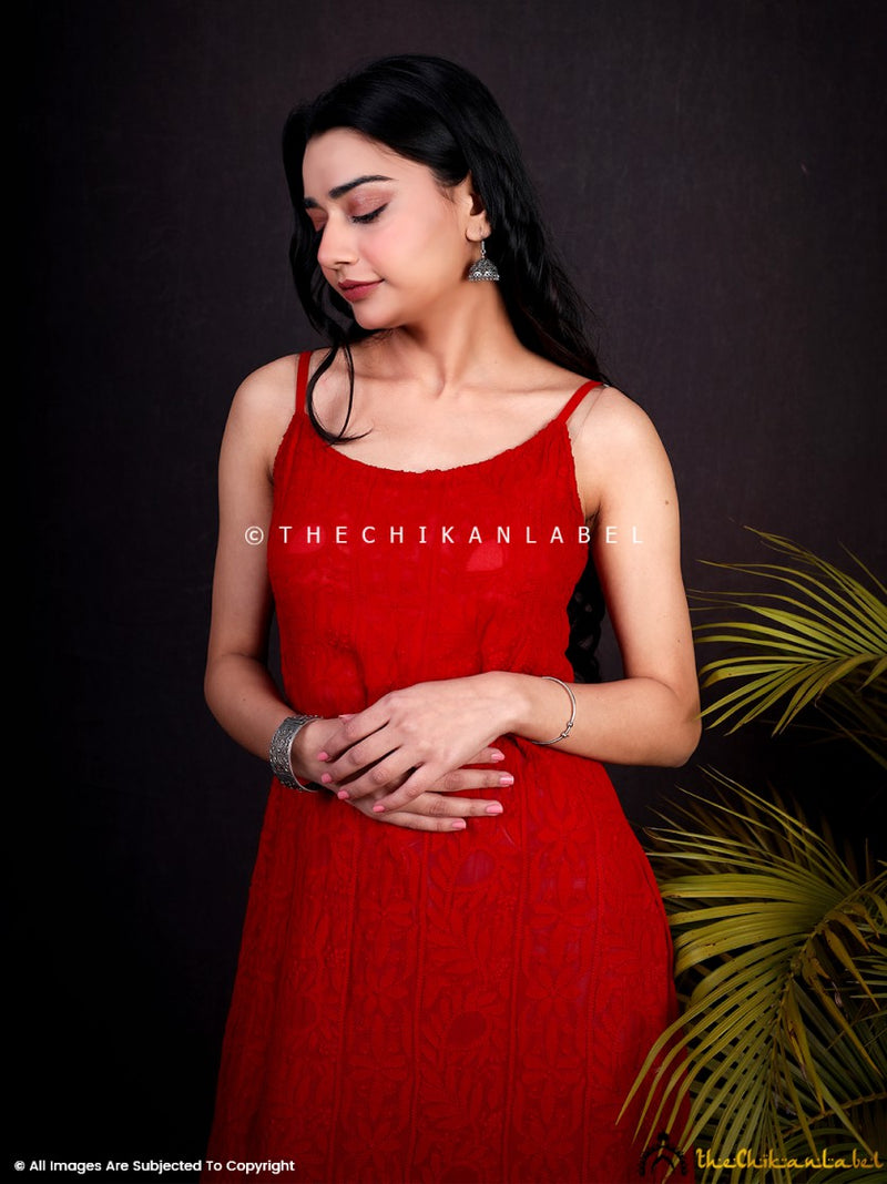 Red Ryka Viscose Chikankari Strappy Kurta