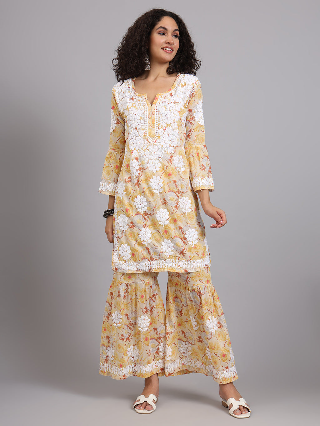 Chikankari Kurta Garara Set Mulmul Cotton - Yellow | The Chikan Label