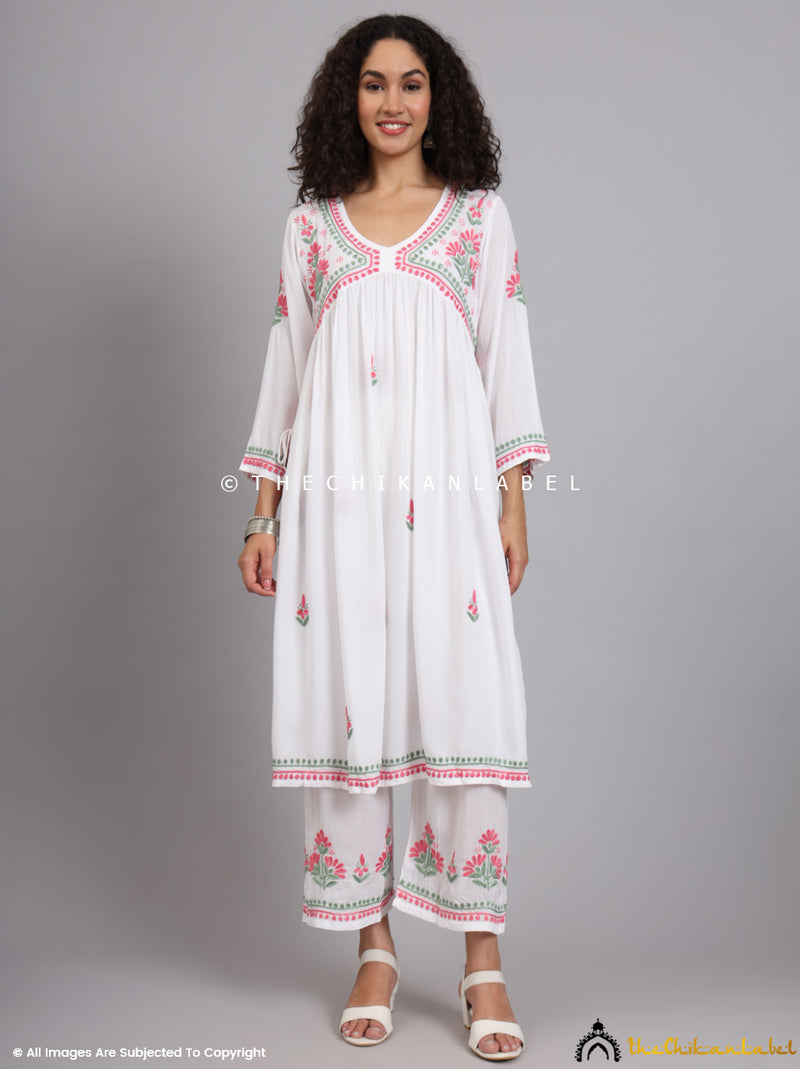 Rubina Dilaik White Multi Samara Modal Chikankari Kurti Palazzo Set