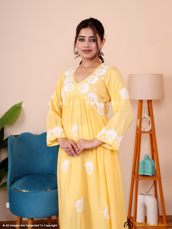 Aina Yellow Modal Alia Cut Chikankari Kurti | The Chikan Label