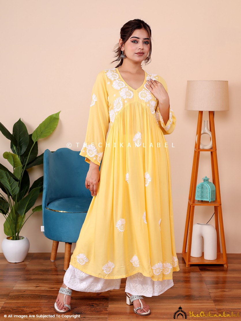 Aina Yellow Modal Alia Cut Chikankari Kurti | The Chikan Label