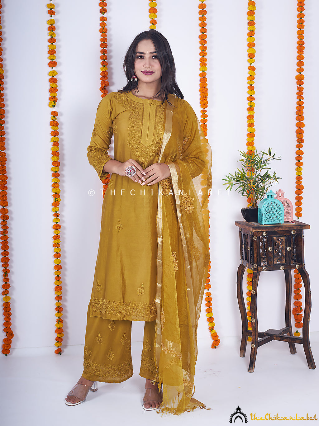 Mehndi Hiba Chanderi Chikankari Kurta Set
