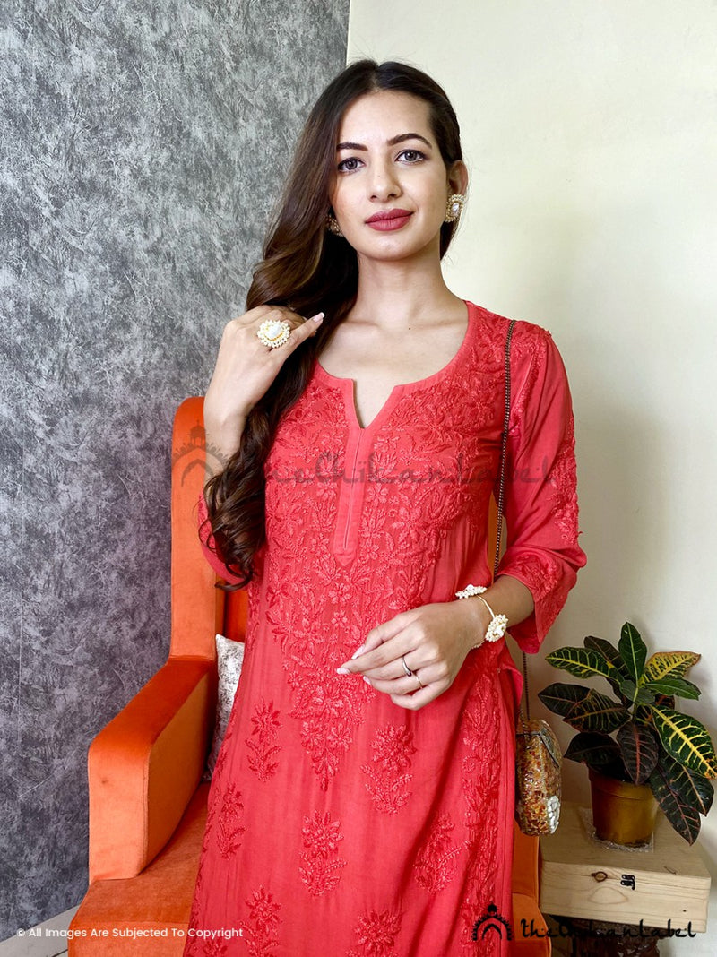 Red Roza Modal Chikankari Straight Kurta Set